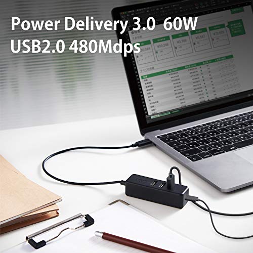 Elecom U2HC-T431PBK USB Hub, Type-C USB-A, 2.0 x 3 Ports, USB PD 60W Compatible, Type-C x 1, Cable 11.8 inches (30 cm), Magnetic, Black