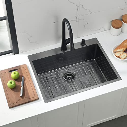 28 Inch Drop In Black Stainless Steel Kitchen Sink, Doirteal 28 x 22 x 10 Inch Matte Black Kitchen Sink 16 Gauge Stainless Steel Topmount Single Bowl Sink Single Basin with Bottom Grid