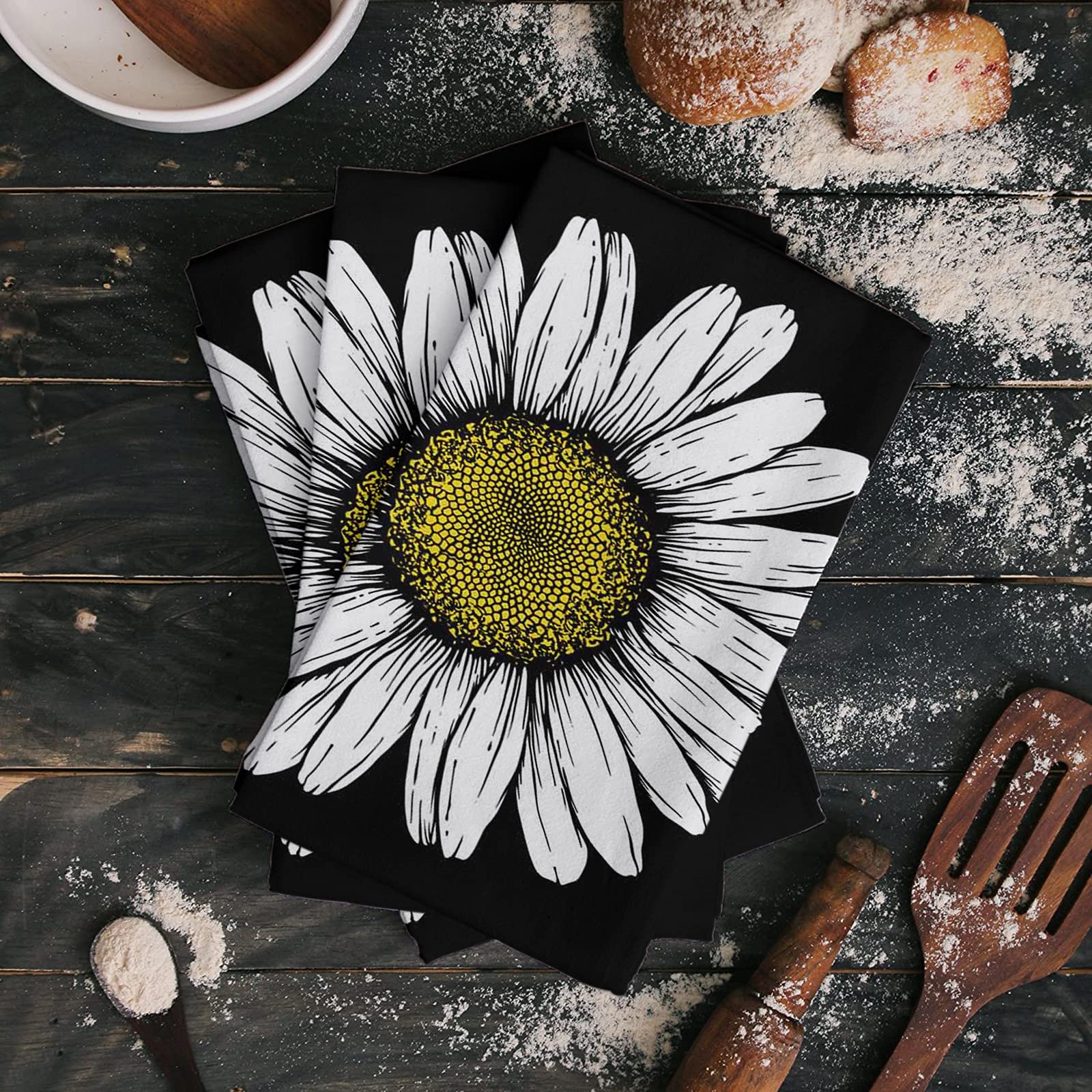 2 Pack Dish Towel for Kitchen,Absorbent Dishes Cloth Abstract White Daisy Flowers Soft Hand Towels for Home Cleaning Quick Drying Bathroom Cloths Terry Blossoms Garden Floral