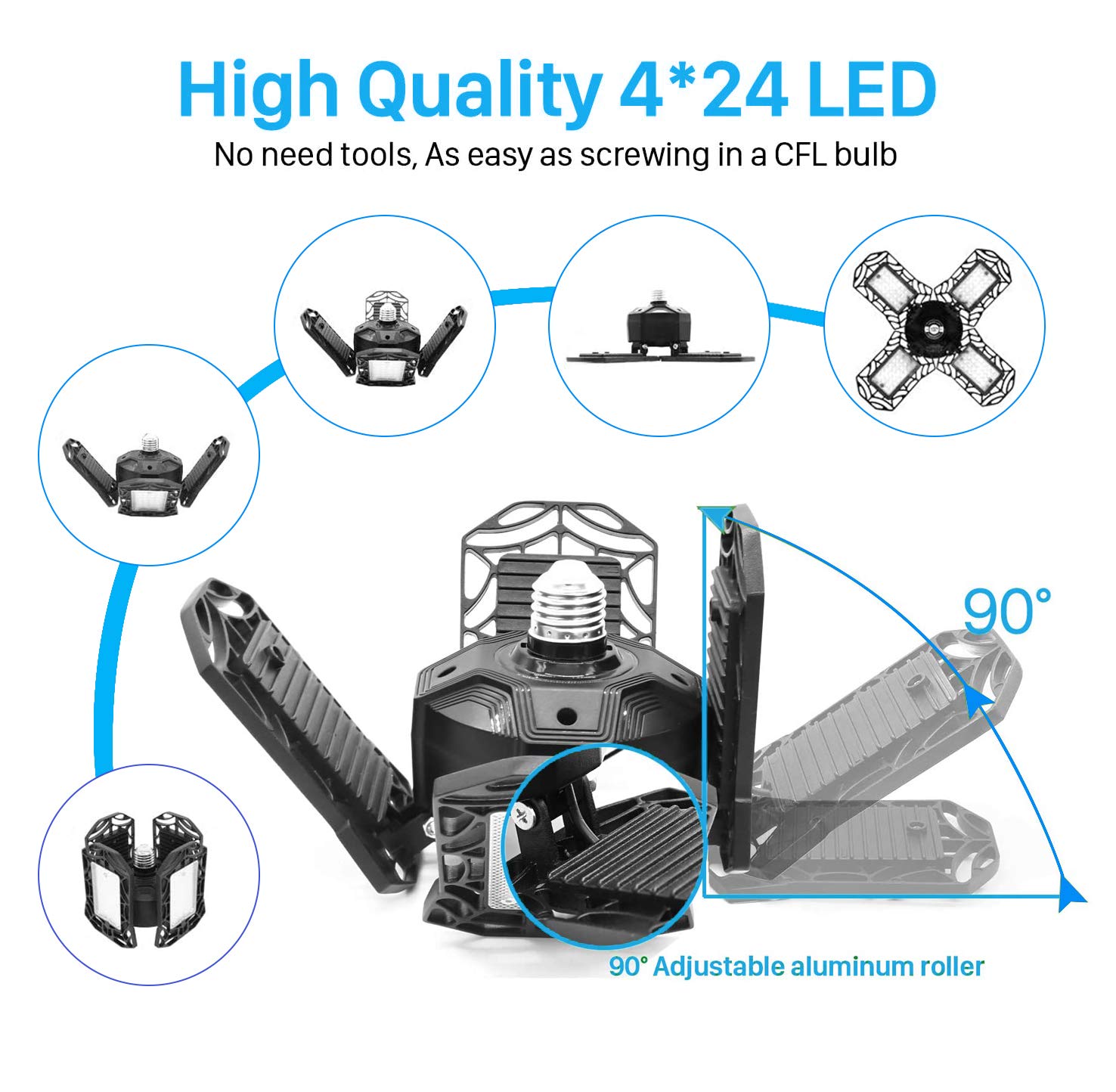 2 Pack LED Garage Lights 120W,4 Panels 12000lm Deformable Garage Ceiling Light, Shop Light Fixture Quadruple Glow Adjustable Garage Lighting Bulb E26/E27, Led Lights for Garage,Warehouse,Workshop,Barn
