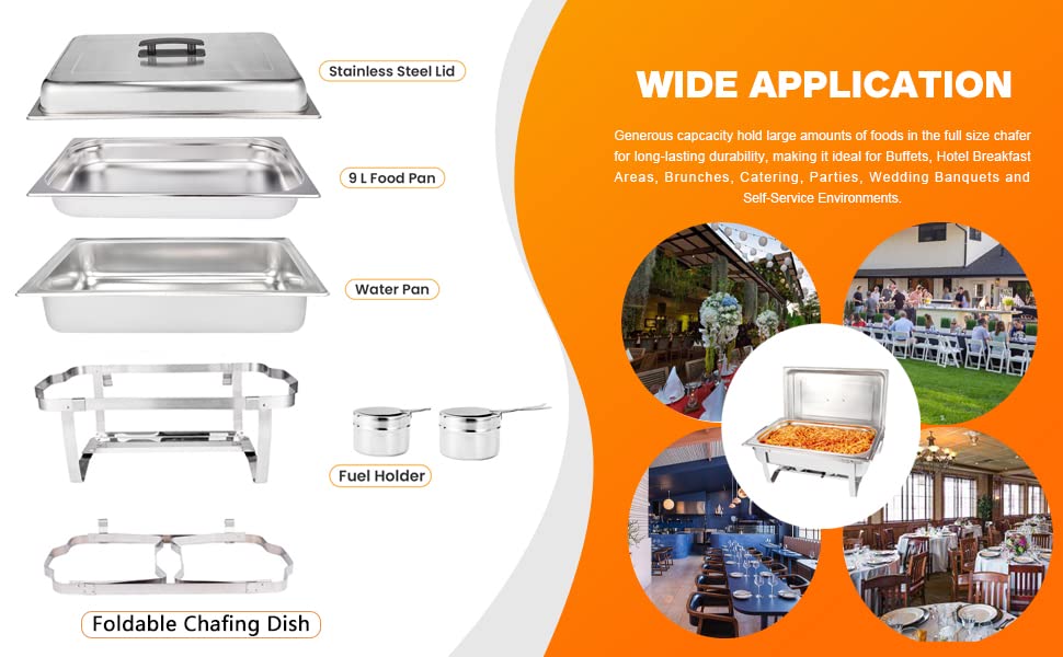 4 Packs Chafing Dish Buffet Set: 9 QT Stainless Steel Buffet Servers - 9 Quart Food Warmer with Fuel Holder & Water Pan - Complete Chafer Set for Parties Wedding Banquet Catering Event