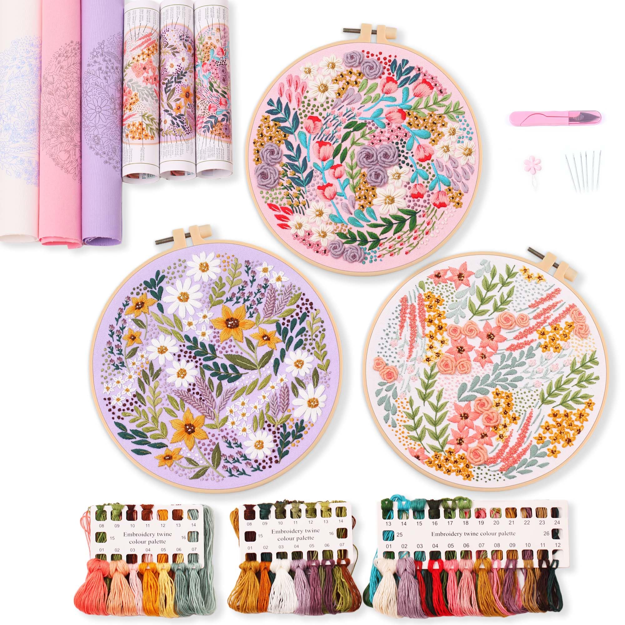 REEWISLY 3 Pack Embroidery Starter kit with Patterns and Instructions, DIY Adult Cross Stitch Kits Beginner, Including 3 Plastic Embroidery Rings, 1 Scissors, Colored Threads and Needles