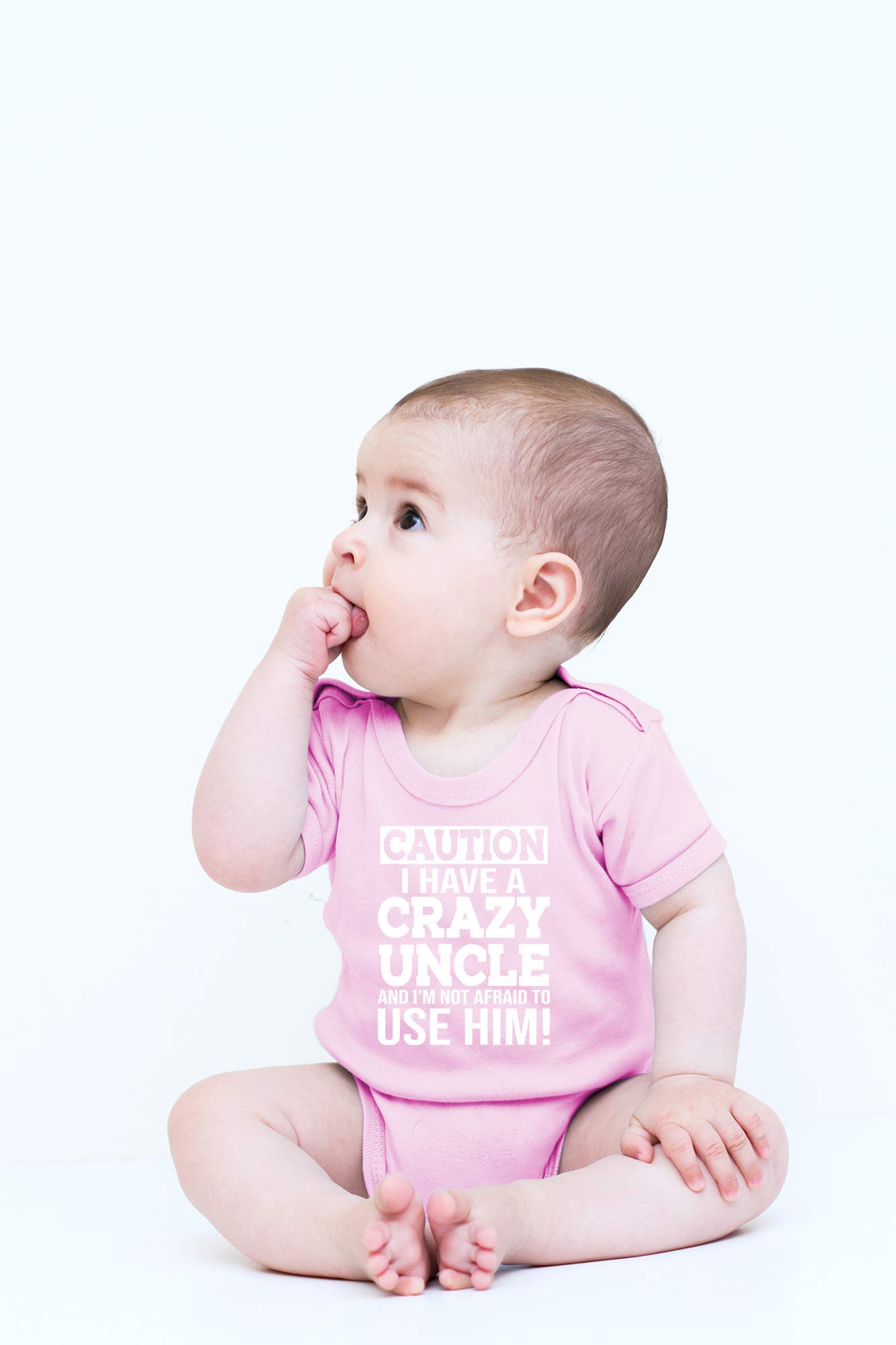 CBTwear Caution I Have a Crazy Uncle Not Afraid to Use Him Baby Bodysuit Cute Newborn Romper Clothes (Newborn, Pink)