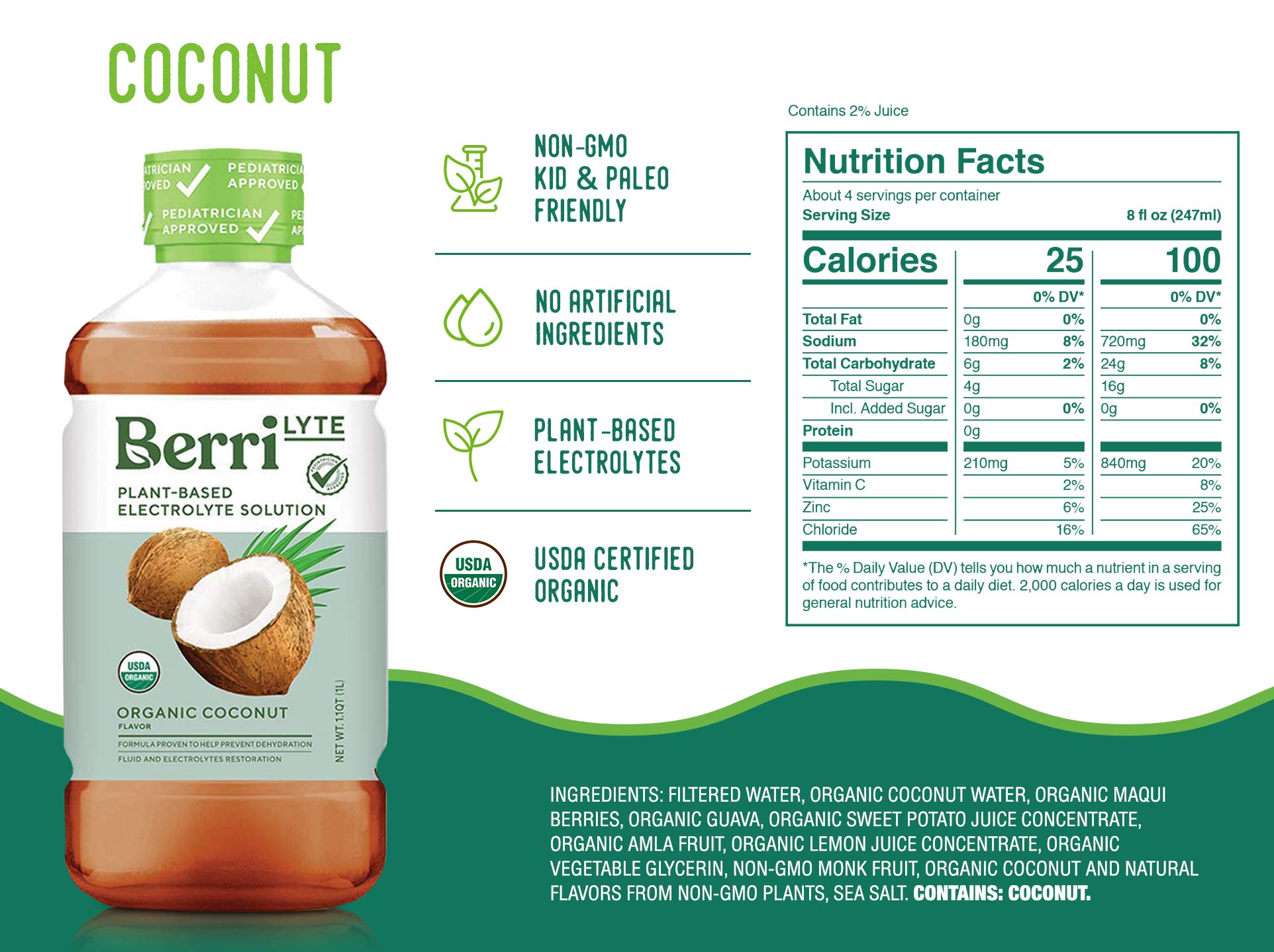 Berri Lyte Plant Based Organic Electrolyte Solution – Pediatric Rehydration Drink – Natural Sugar Coconut Flavor, 1 L, 2 ct