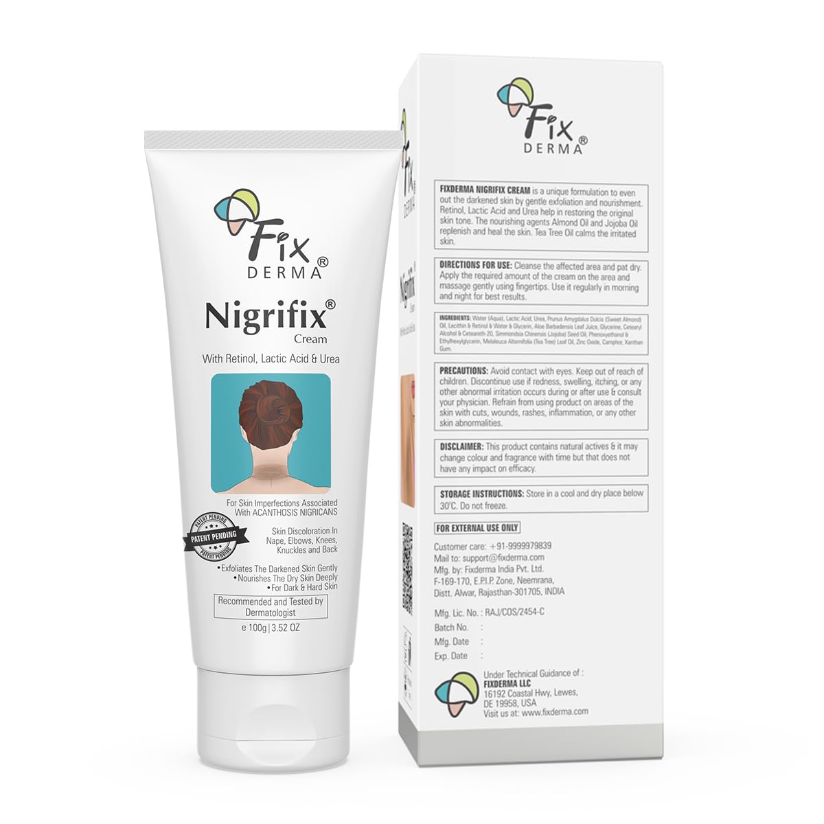 FIXDERMA Nigrifix Cream for Acanthosis Nigricans with Lactic Acid | Dermatologist Tested Retinol Cream | Useful for Dark Body Parts like Neck, Ankles, Armpits & Elbows –3.52 FlOz
