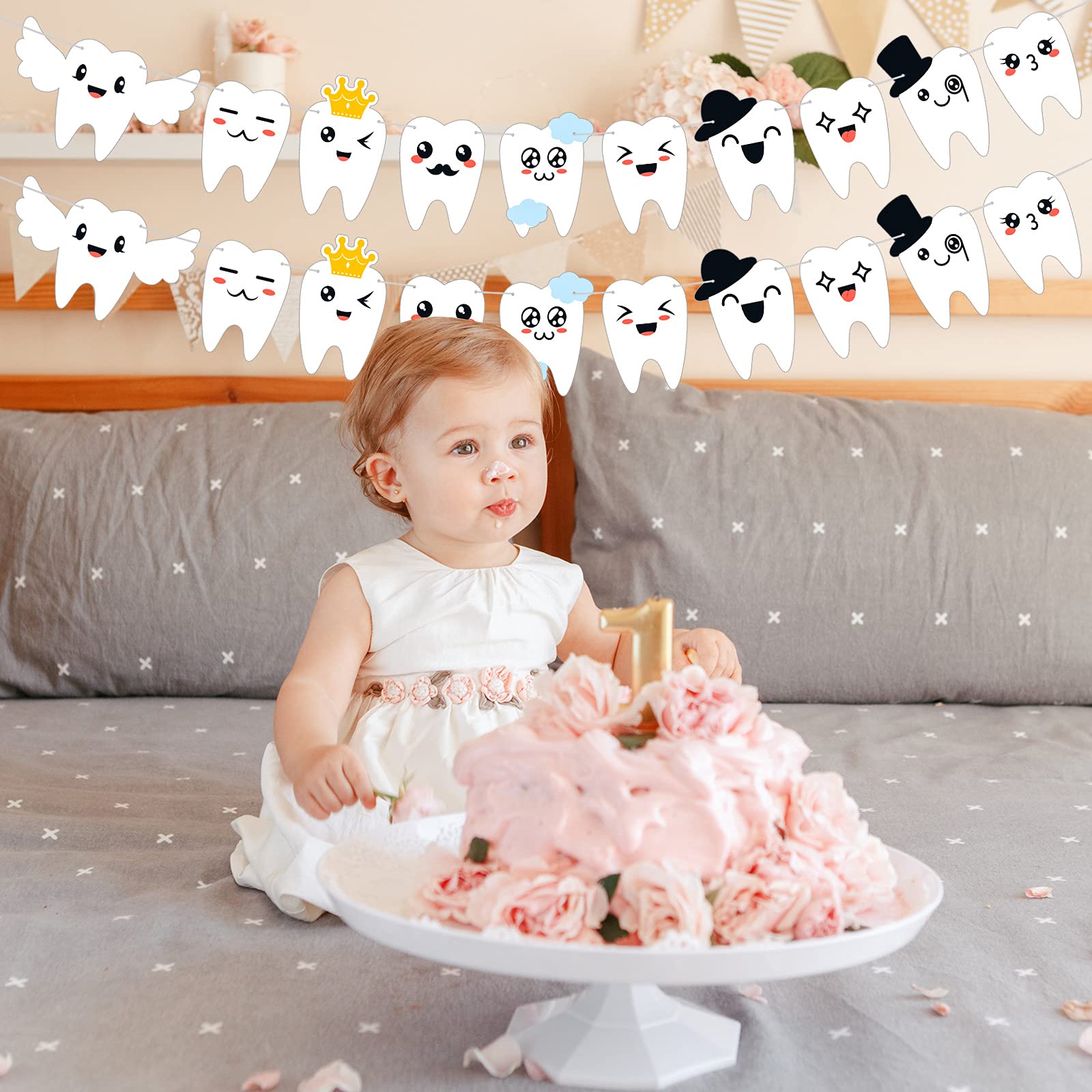 4 Pieces Tooth Banner Decorations 1st Tooth Banner Garland for Dental Graduation Birthday Party Baby Shower Decor