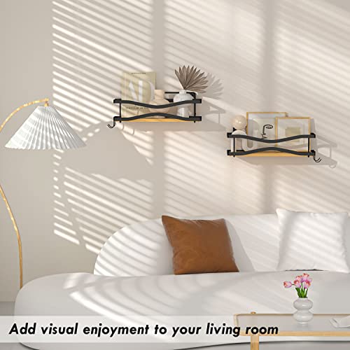 DatMou Floating Shelves Wall for Inside Kitchen, Bedroom, Living Room, Bathroom Storage and Decor, Wall Mounted Shelf with Metal Guardrail and Hooks, 2pcs
