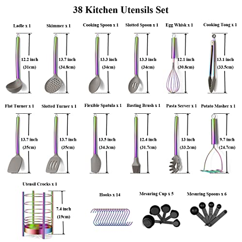 38 Piece Silicone kitchen Cooking Utensils Set with Utensil Crocks, Silicone Head and Stainless Steel Handle Cookware, Kitchen Tools for Utensil Set, Non-Stick kitchen Gadgets,Dishwasher Safe(Rainbow)