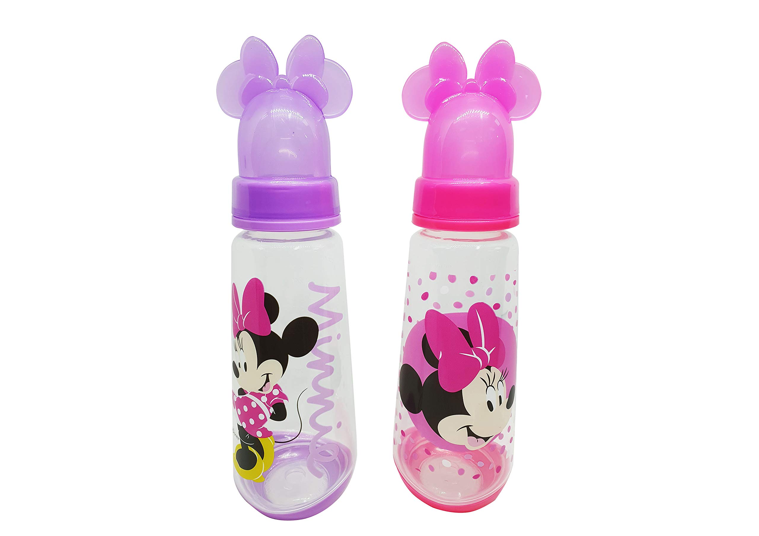 Disney Cudlie Minnie Mouse Baby Girl 2 Pack of 9 Oz Bottles with Removeable Character Molded Lid in Its Minnie Print