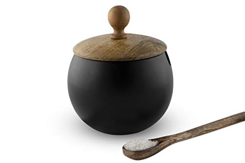 GoCraft Sugar Bowl with Wooden Lid and Spoon for Home and Kitchen, Drum Shape (Matte Black Finish)