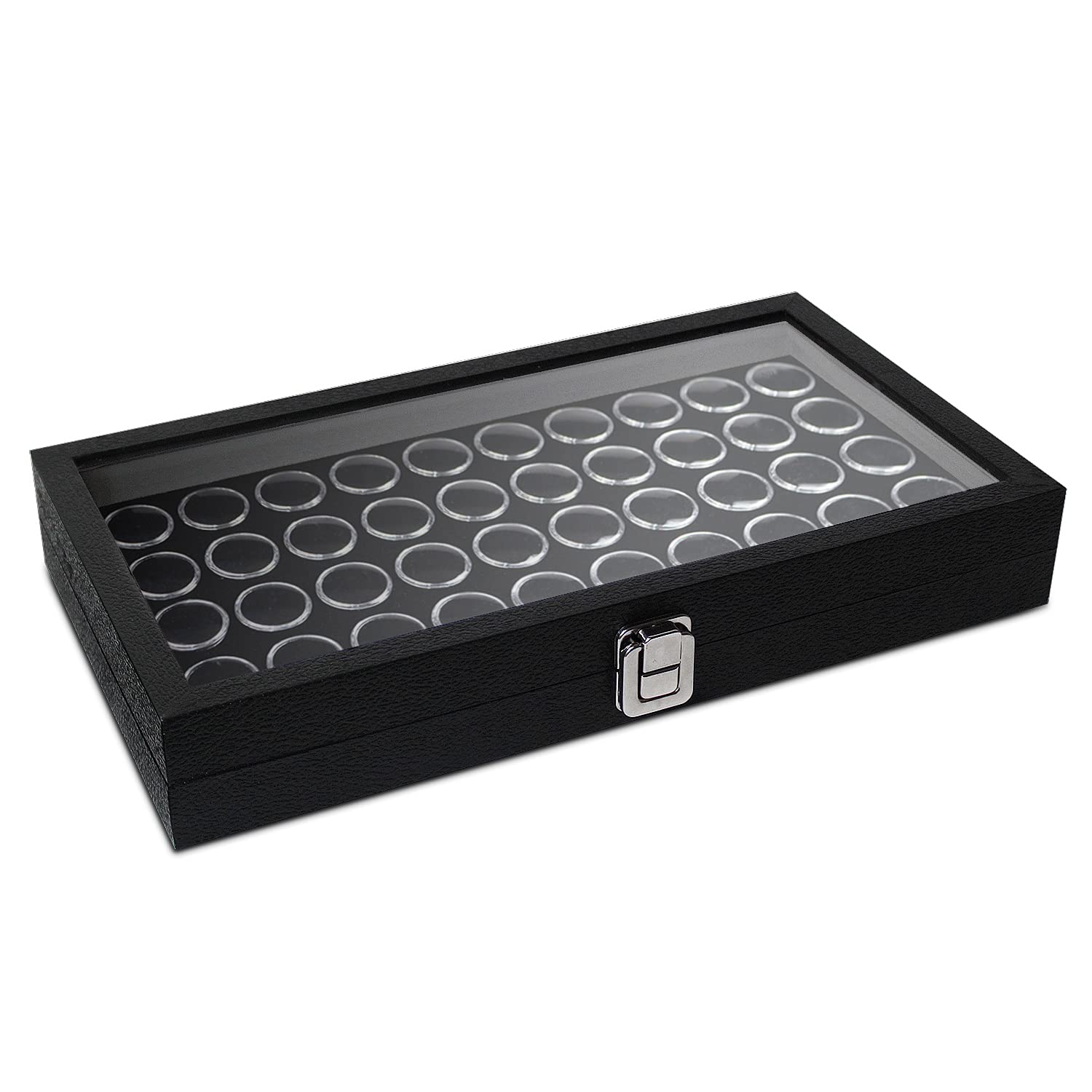MOOCA Black Glass Top Jewelry Display Case Box 50 Gem Jars, Ring Box, Jewelry Organizer, Gem jar storage for Jewelry, Glass Display Box, storage Tray