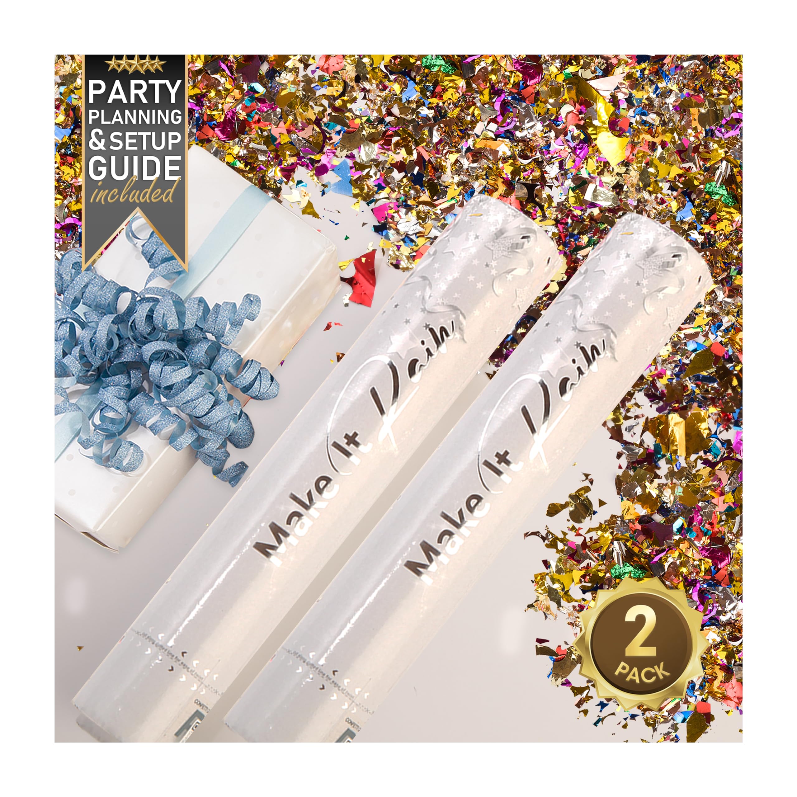2 Pack Multicolor Confetti Cannon Confetti Poppers | New Years Eve Party Supplies 2025 | Party Poppers Confetti Shooter for Decoration, Celebration, Birthday, Prank | Package Streamer Blaster Gun Tube