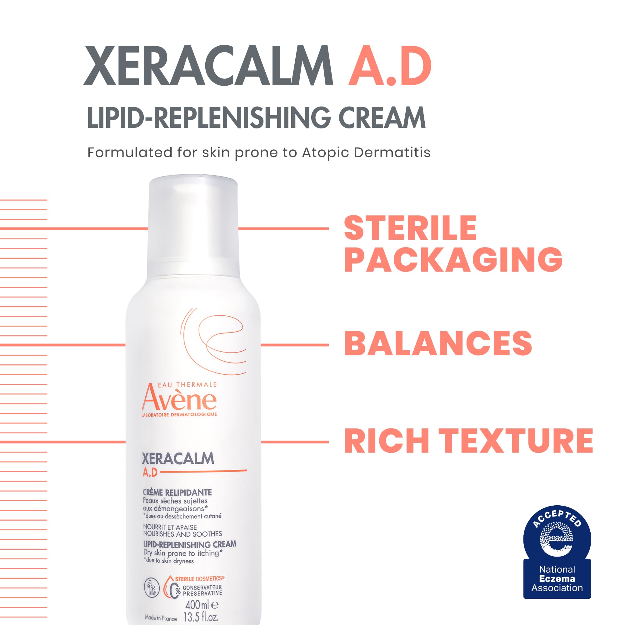 Avene XeraCalm A.D Lipid-Replenishing Cream, Atopic Dermatitis, Eczema-Prone, No Preservatives, Fragrance-Free, 6.7 Oz