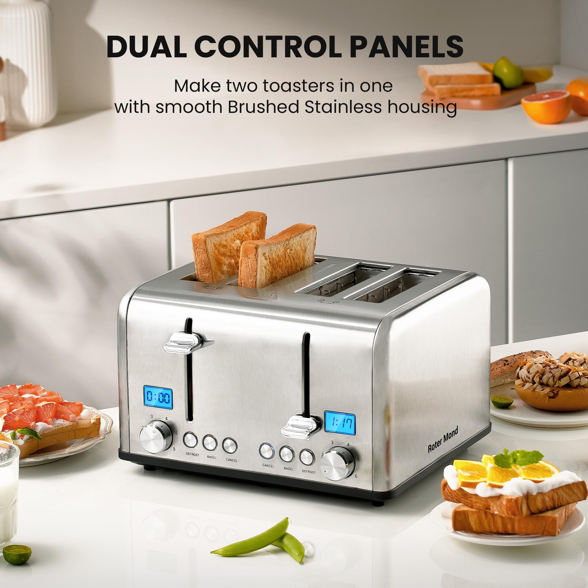4 Slice Toaster, Roter Mond Countdown Stainless Steel Toaster with Bagel, Defrost, Cancel Function, Dual Toaster Extra Wide Slots, 6 Bread Shade Settings Bread Toaster, Removable Crumb Trays, 1650W