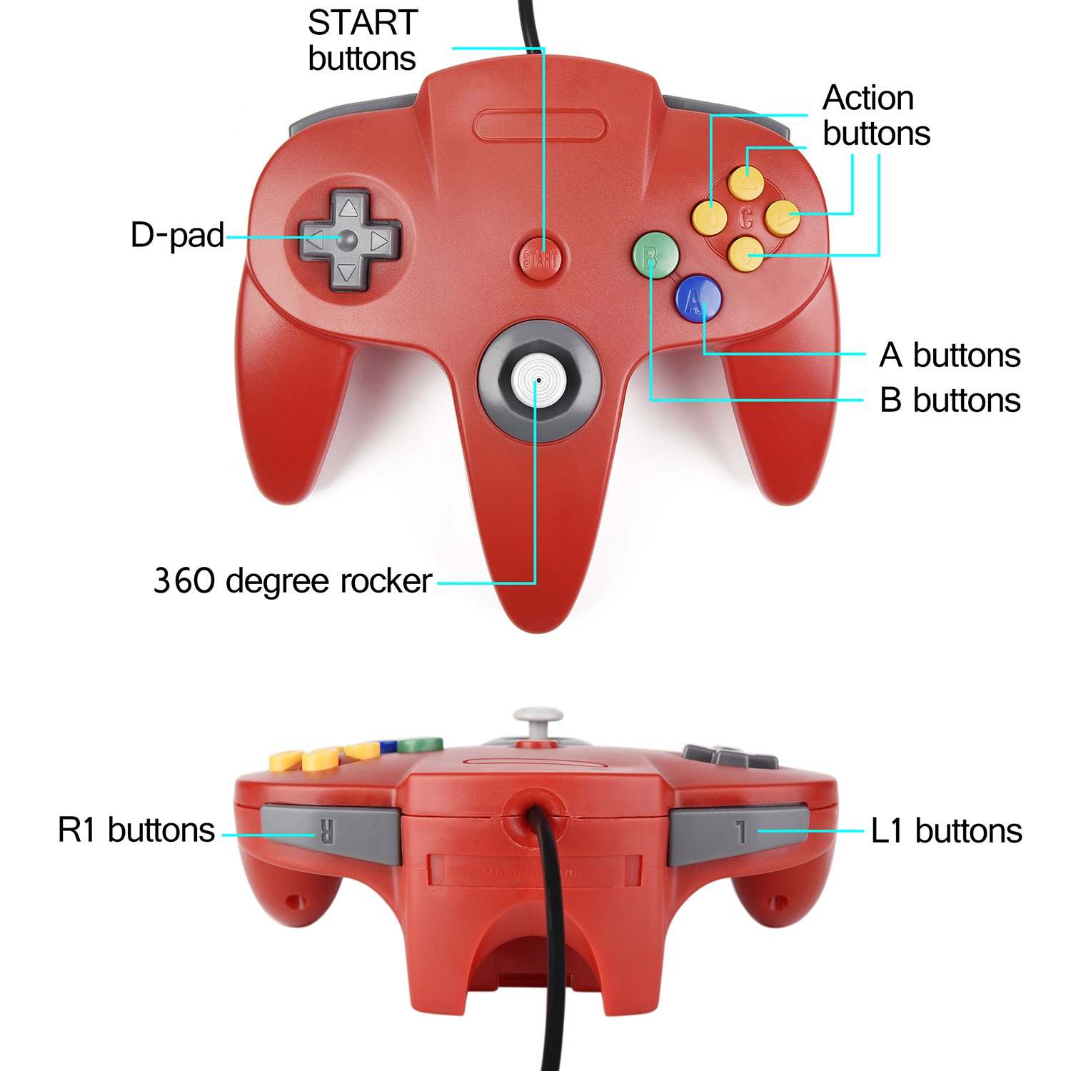 2 Pack USB N64 Controller, Wired PC Gamepad [3D Analog Stick] Compatible for Windows PC iOS MAC Linux Raspberry Pi Genesis Higan Project 64 Retropie OpenEmu Emulator (Plug & Play) (Red/Blue)