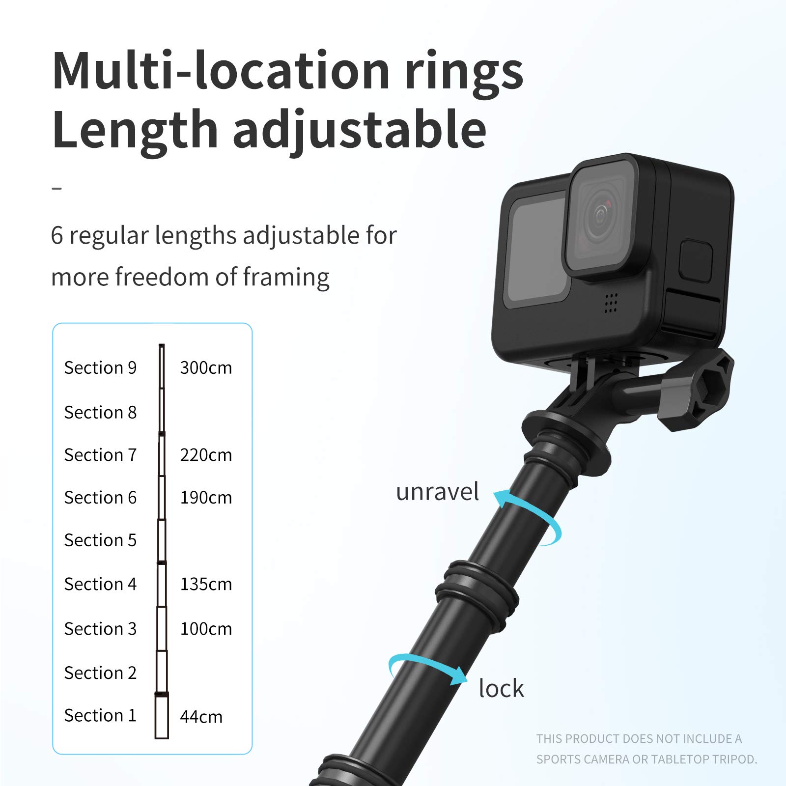 REYGEAK Ultra Long Selfie Stick Pole 3M/118 Inch Carbon Fiber Lightweight Waterproof Extendable Handheld Monopod for GoPro Max Hero 12 11 10 9 8 7 Insta360 X3 GO3 DJI Action 4 3 Camera
