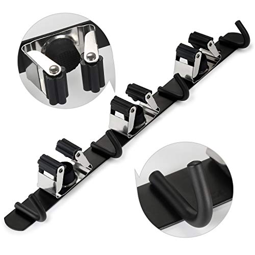 Goowin Broom Holder Wall Mount, Broom Holder, Heavy Duty Stainless Steel Broom and Mop Holder Wall Mounted with 3 Racks 4 Hooks for Bathroom Kitchen Office (Black)