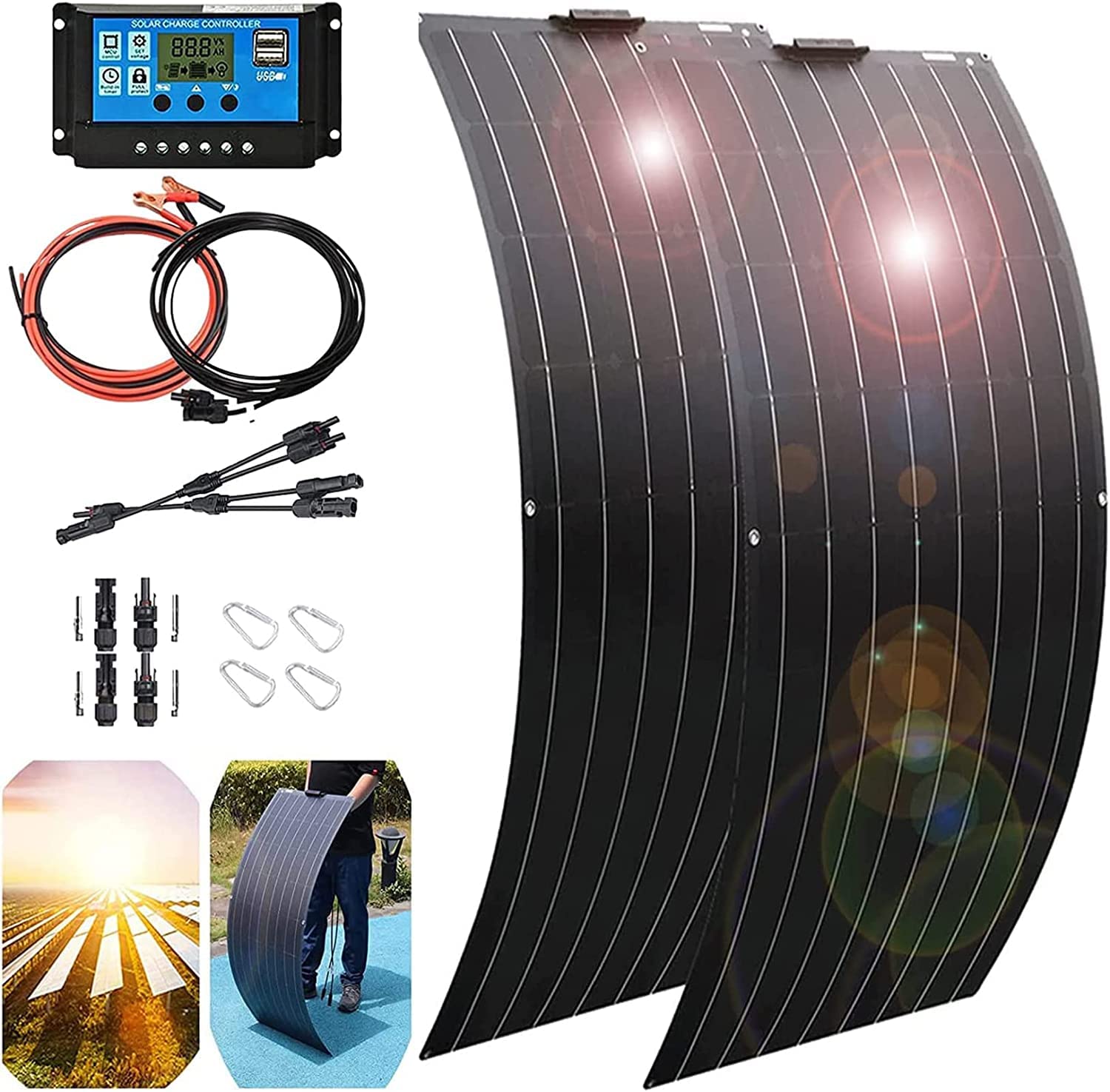 1600 Watt Solar Panel Kit, with 40A Charge Controller 2 × 800 Watt Flexible Monocrystalline Solar Panel for 12-24V Battery Charging Car Battery Camper RV Yacht Battery Boat