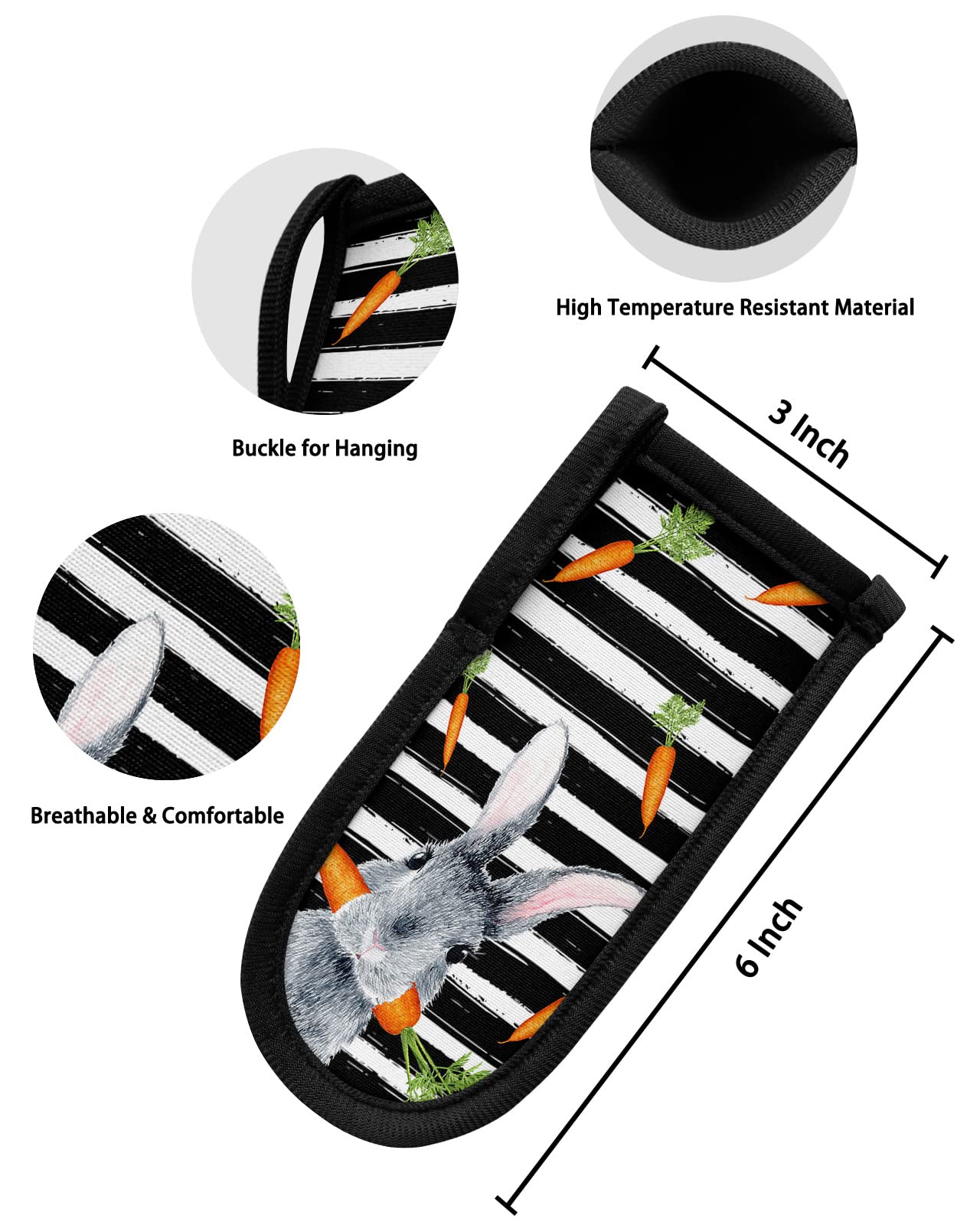 2 Pack Cast Iron Handle Cover, Spring Easter Pot Holders Covers Heat Insulation, Black and White Striped Bunny Carrot Skillet Handle Cover Hot Pan Handle Sleeve for Kitchen Cooking Cookware