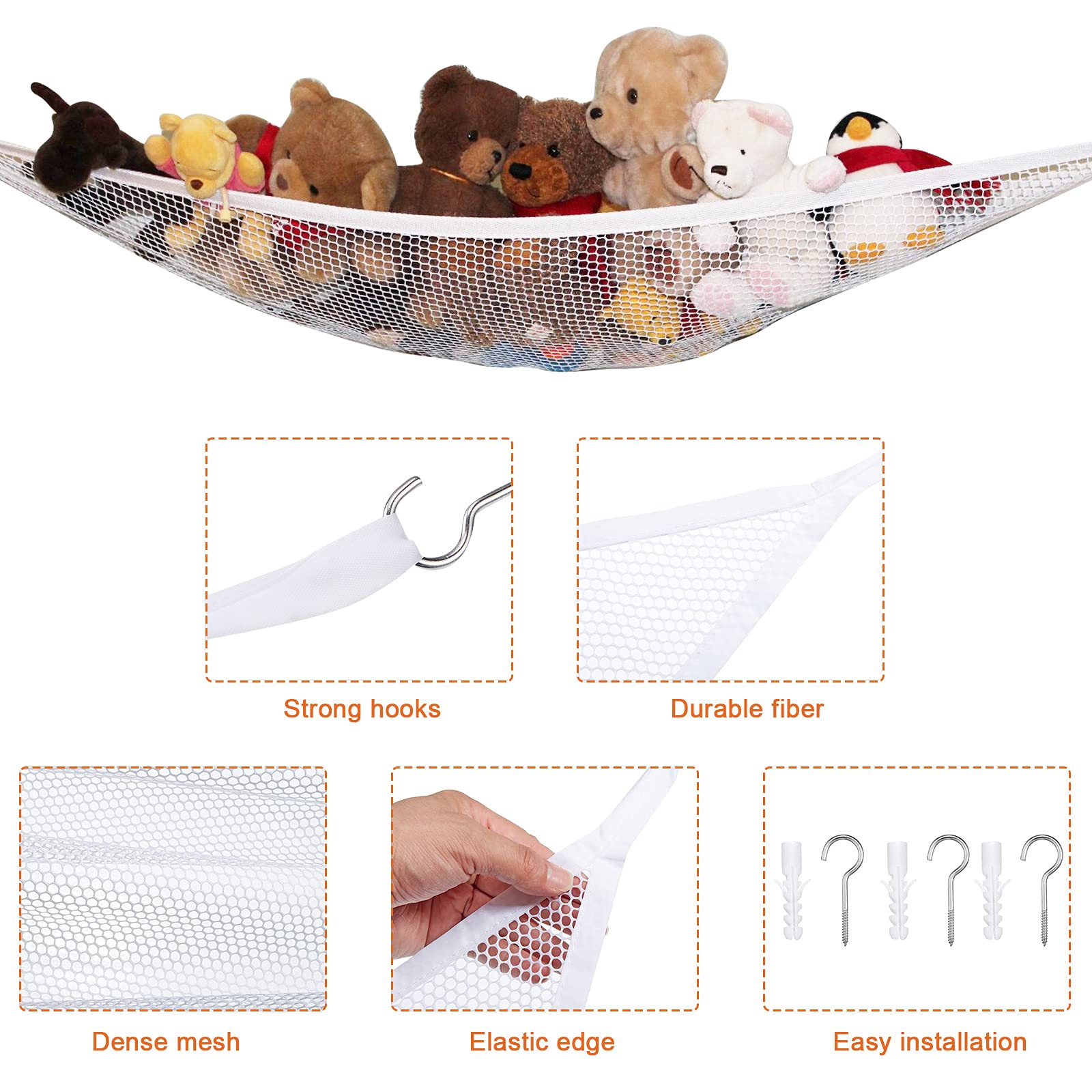 Storage Hammock Nets Toy Net Holder Stuffed Animal Hammocks Toy Mesh Hammock Jumbo Wall Sling Corner Mesh Toy Organizer with Hooks for Bedroom Plush Toys (White)