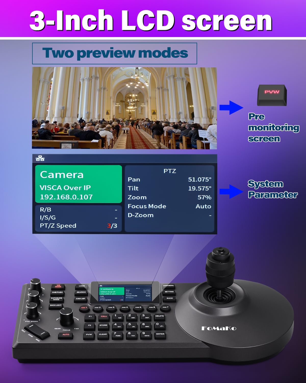FoMaKo PTZ Controller PoE 3" LCD Screen Preview, 4D Joystick PTZ Camera Controller for Church Live Service Education, Visca PELCO D/P RS232 RS485 (No NDI License) (KC608 Pro)