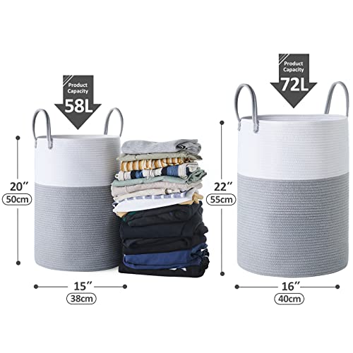 Cotton Rope Laundry Hamper by YOUDENOVA, 58L - Woven Collapsible Laundry Basket - Clothes Storage Basket for Blankets, Laundry Room Organizing, Bedroom Storage, Clothes Hamper β Grey & White