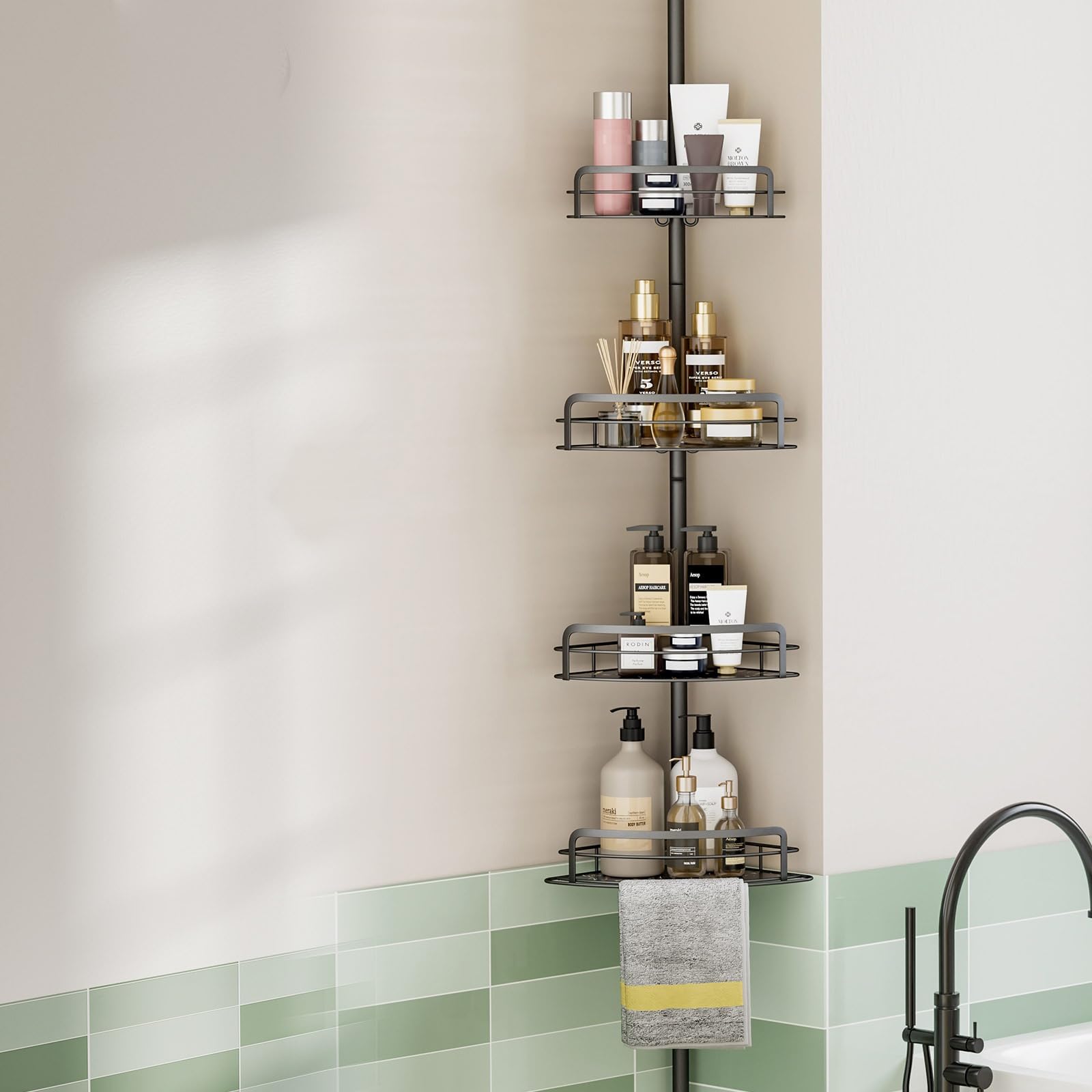 4 Tier Rustproof Shower Caddy Corner for Bathroom,Shower Organizer Corner Shelf Tension Pole, Adjustable Shower Shelves for Shower,,48 to 115 Inch,Bathtub Storage Organizer for Shampoo Accessories