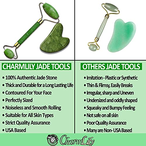 CHARMLILY Jade & Ice Roller + Gua Sha Massager Tool Set for Face & Eyes, Puffiness, Reduce Wrinkle Aging, Migraine, Pain Relief on Neck & Body, Cold Facial Original Natural Stone - 3 in 1