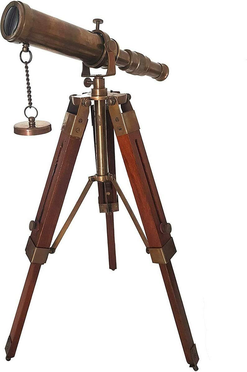 Hassanhandicrafts Antique Vintage Maritime Shiny Brass 12" Telescope with Wooden Tripod Stand
