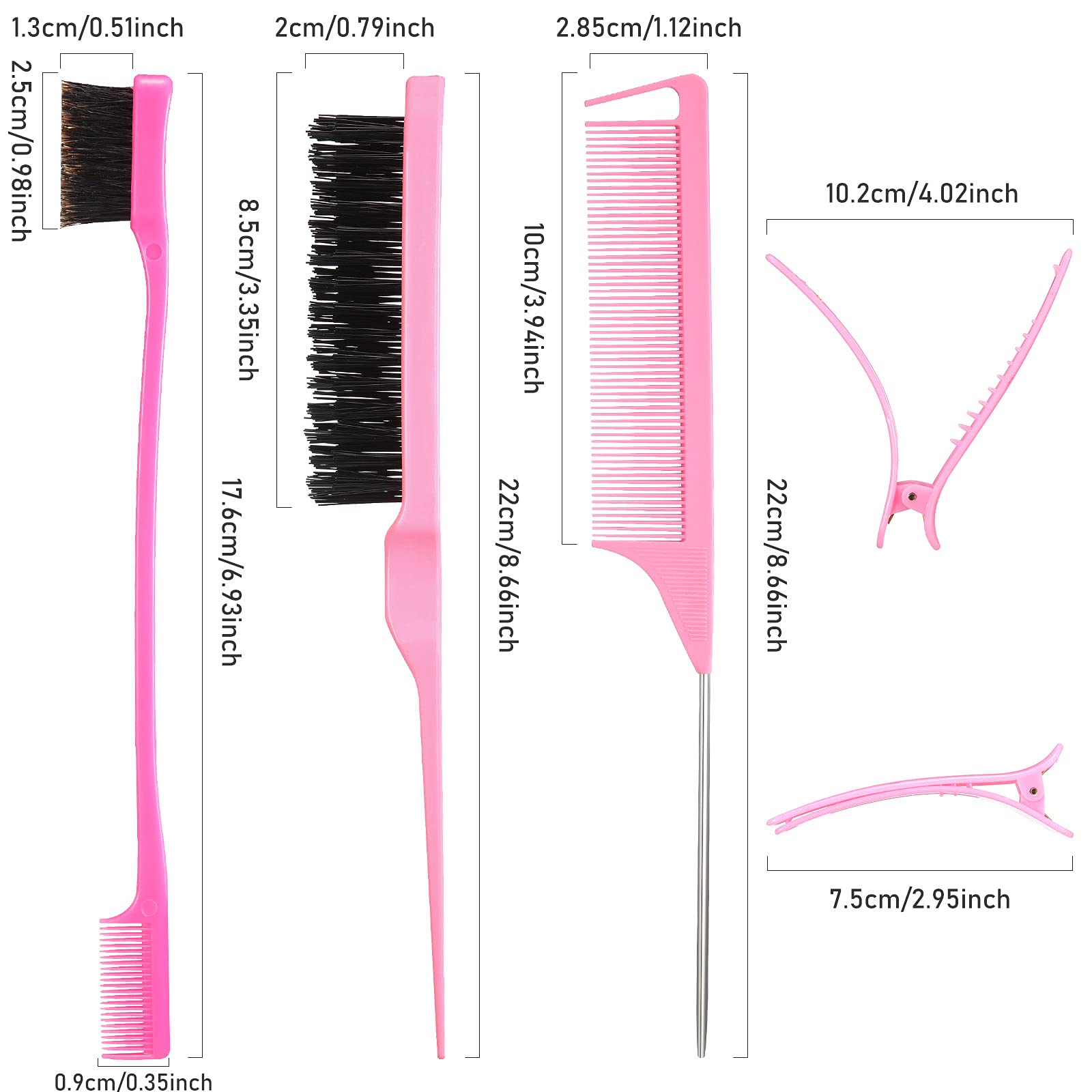 Remerry 12 Pieces Hair Brush Set, Nylon Teasing Hair Brushes 3 Row Salon Teasing Brush, Double Sided Edge Smooth Comb Grooming, Rat Tail Combs with Duckbill Clips for Women(Pink)
