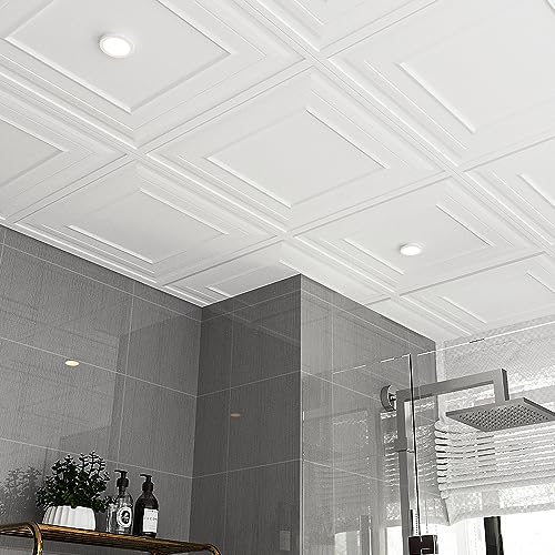 2ft x 2ft Icon Relief Ceiling Tiles - Easy Drop-in Installation β Waterproof, Washable and Fire-Rated - High-Grade PVC to Prevent Breakage Pack of 12, White (2 * 2, Style A)
