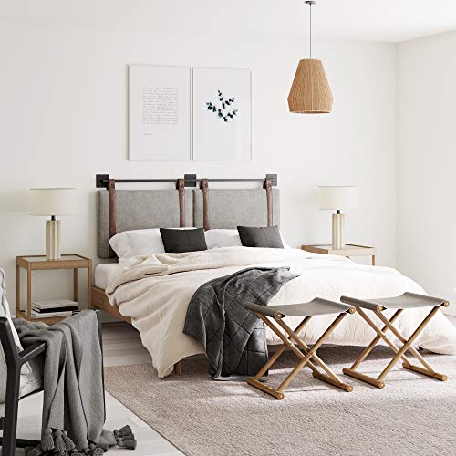 Nathan James Harlow Modern Wall Mount Hanging Upholstered Headboard, Queen, Gray with Brown Faux Leather Straps