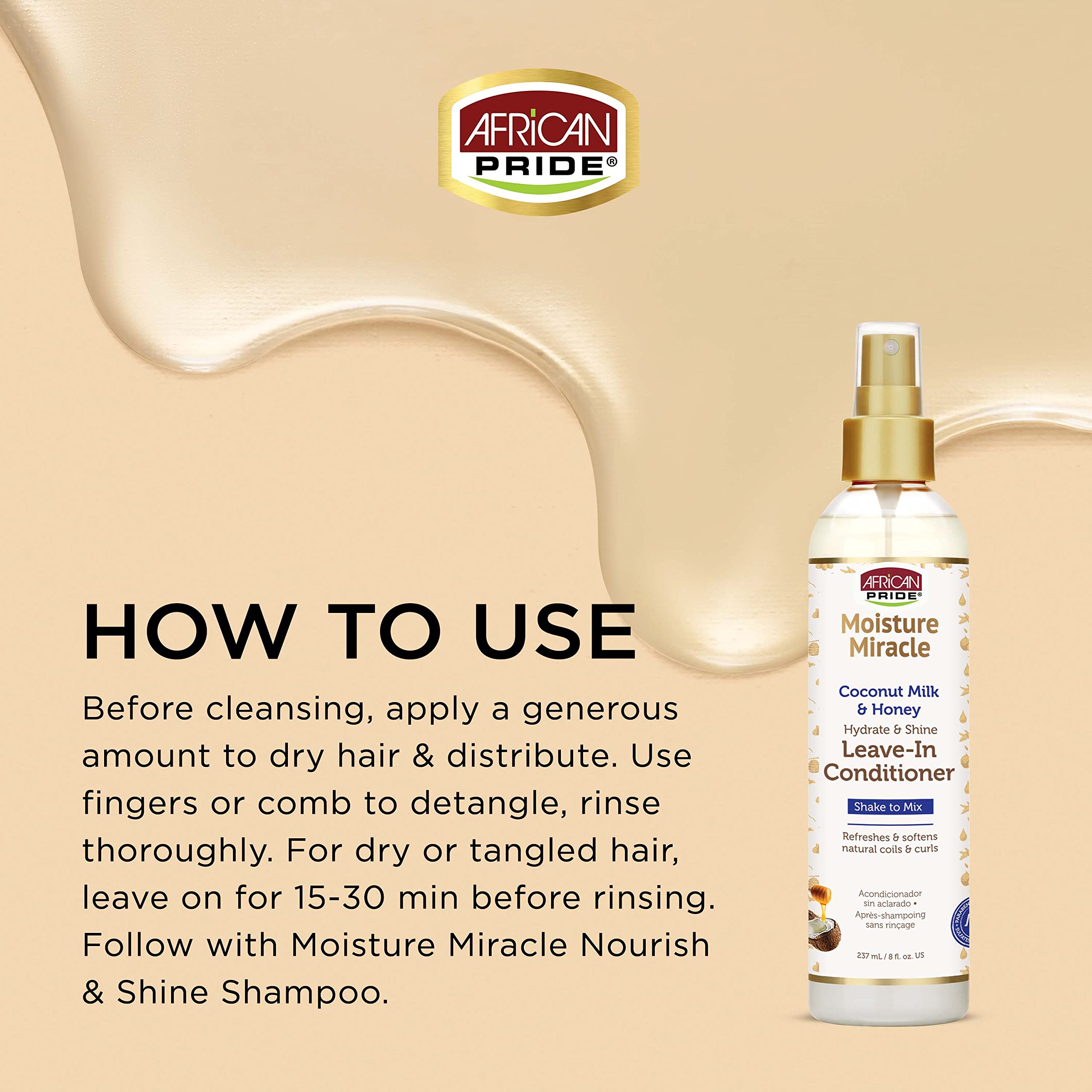 African Pride Moisture Miracle Coconut Milk & Honey Leave-In Conditioner - Refreshes & Softens Natural Coils & Curls, Hydrates & Shines, 8 oz (3 Pack)