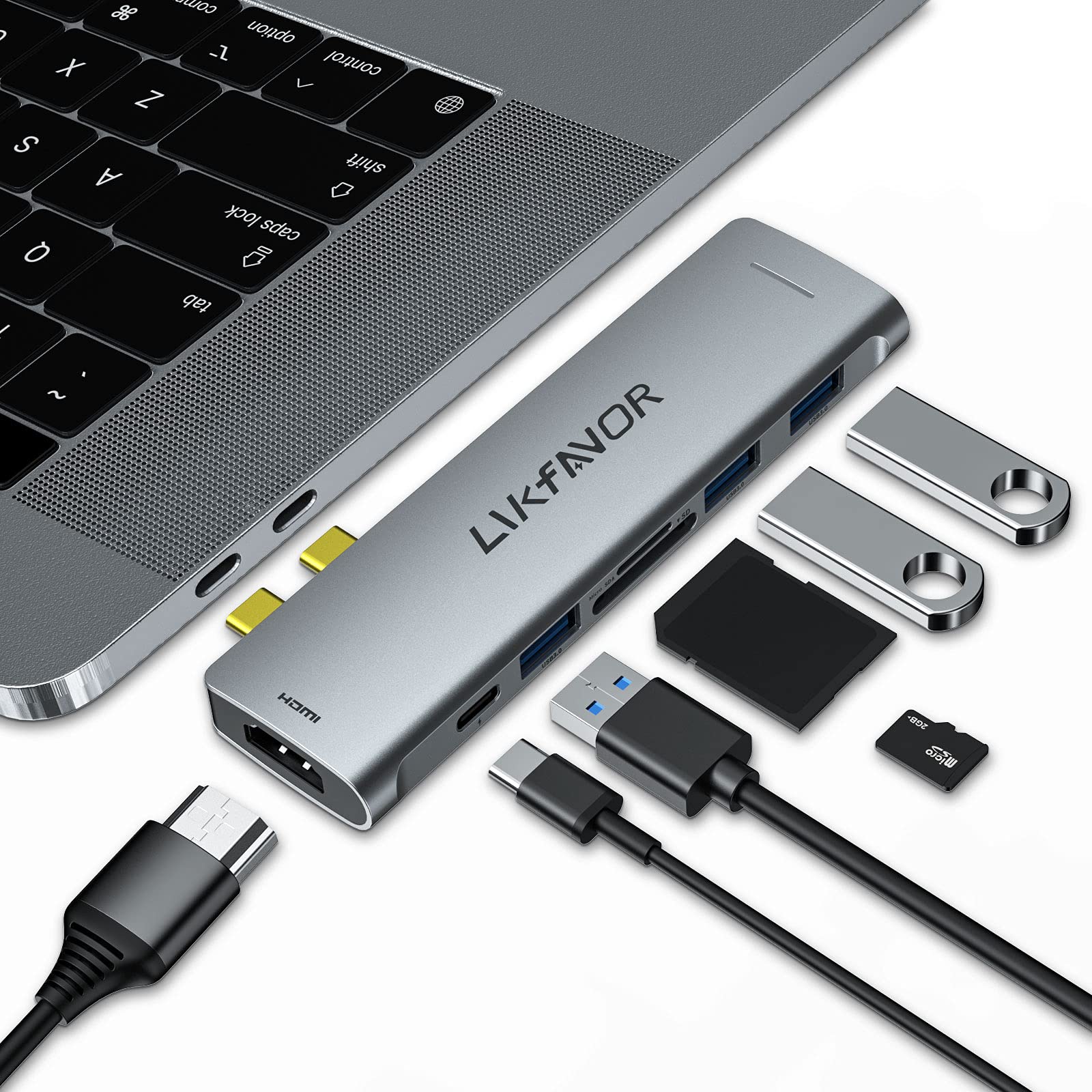 USB C Hub, LIKFAVOR USB C Dongle Adapter for MacBook Pro/Air, 7 in 2 Type-C Multiport Adapter with 4k HDMI Output, 3 USB 3.0, SD/TF Card Reader, Power Delivery 100W Thunderbolt 3 Ports