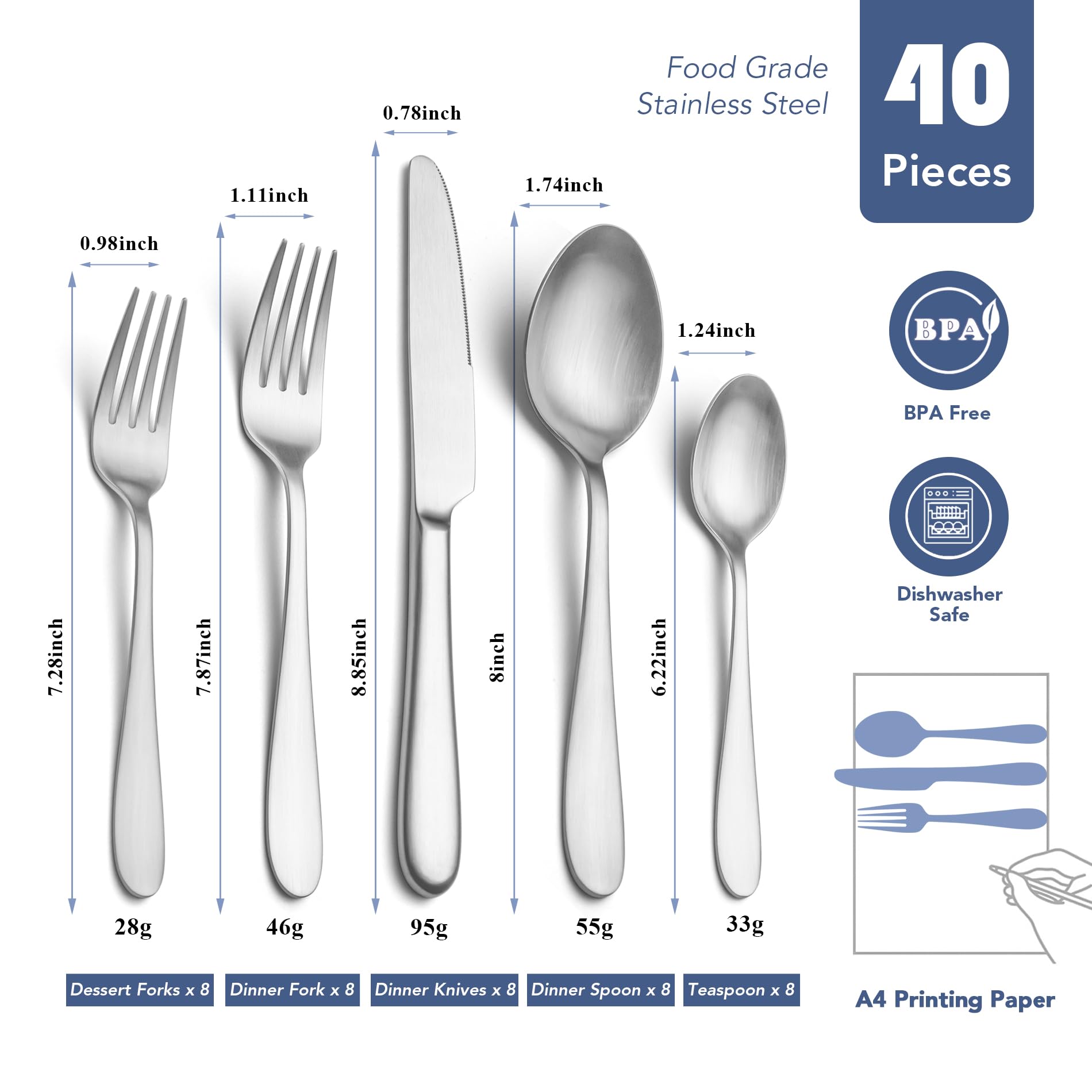 40 Piece Matte Silverware Set for 8, EIUBUIE Premium Stainless Steel Flatware Set, Matte Finish Cutlery Durable Solid, Modern Kitchen Tableware Eating Utensil Sets Includes Spoons Forks Knives