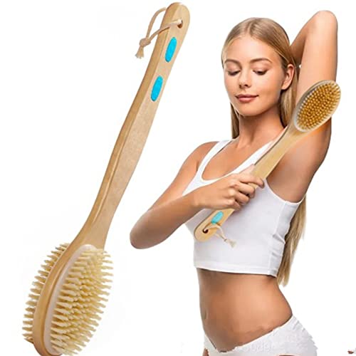 4PCS Wet and Dry Body Brush Set of 2 Dual-Sided Long Handle Shower Brush Set of 2 Short Bristles Dry Brush for Cellulite and Lymphatic Drainage Massage