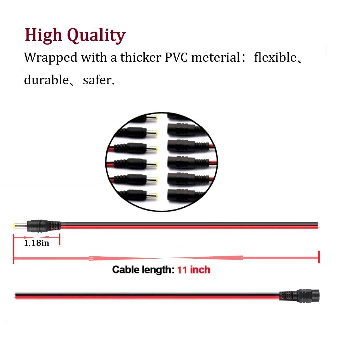 DaFuRui DC Pigtail,18 Pairs 12V 2A DC Male Female Power Pigtail Cable Connector Wire 2.1x5.5mm DC Power Connectors for CCTV Security Camera and 12V Power Supply Adapter