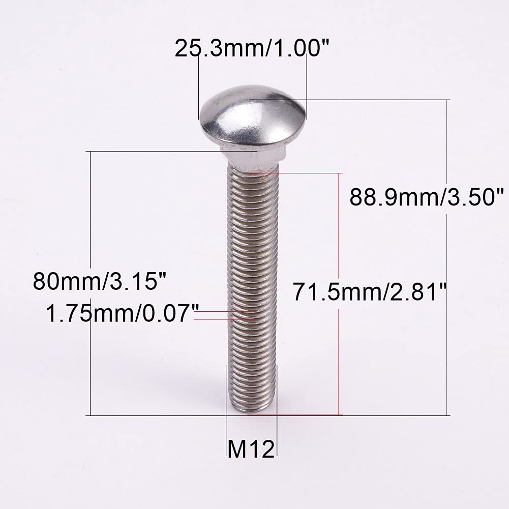 Yinpecly 5Pcs M12×80mm 1.75mm Pitch Length 304 Stainless Steel Round Domed Head Square Neck Carriage Bolts Silver Tone