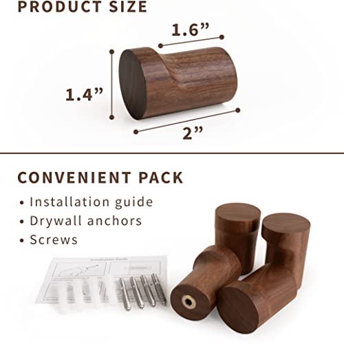 NAUMOO Natural Wooden Wall Hooks - Pack of 4 - Wall Mounted Modern Hook - Handmade Decorative Wood Coat Pegs - Minimalist Hooks for Hanging Hat, Coats (Black Walnut Wood)