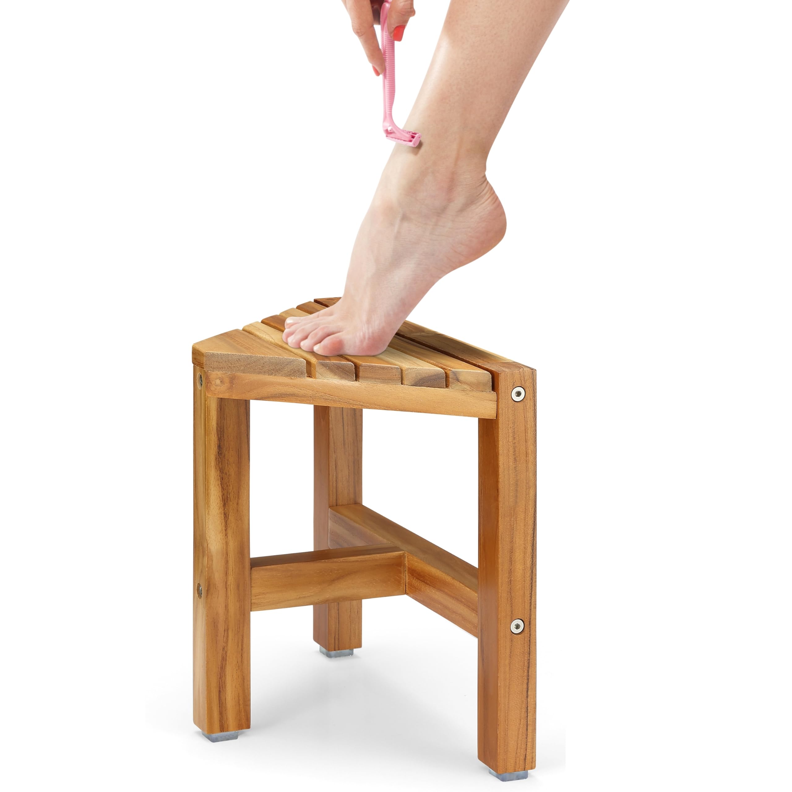 PERFNIQUE Teak Shower Stool, Teak Shower Bench, 12'' Shower Stool for Shaving Legs, Spa Foot Rest for Inside Shower, Organizer Teak Stool, Waterproof Small Corner Bench for Bathroom Livingroom (12'')