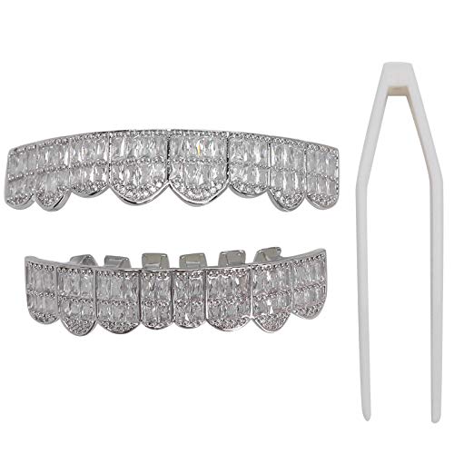 Fashionable Metal Gold Teeth Decoration Plating Teeth Hip Hop Style Tooth Brace Set for Gift for Halloween for Men for Cosplay for Women for Party(Silver)