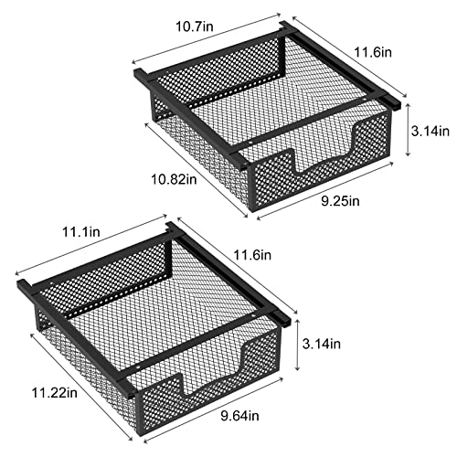 2 Pack Hanging Pullout Drawer Basket, Sliding Under Storage Organizer, Under Shelf Baskets Under Cabinet Organizer Shelf Under Desk for Kitchen Pantry Cabinet, Attaches to Shelving, Black