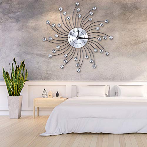 NCONCO Wall Clock, Sparkling Bling Metallic Silver Flower-Shaped Wall Clock for Living Room Office(Arc Flower)