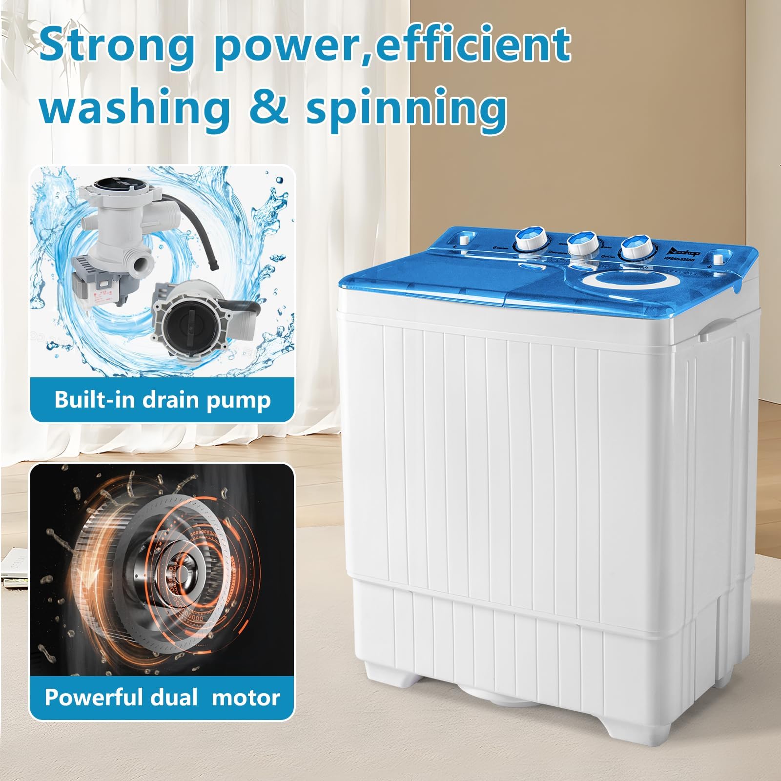 26Lbs Portable Washing Machine and Dryer, Twin Tub Portable Washer Dryer Combo with Drain Pump, Semi-Automatic 18Lbs Washer Mini Laundry Machine with 8Lbs Spinner for Dorms, Apartments, RVs, Blue