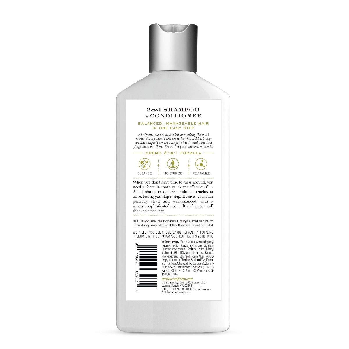 Cremo Sage & Citrus 2-in-1 Shampoo & Conditioner, Barber Grade Quality That Moisturizes and Cleanses All Hair Types, 16 Fluid Ounce
