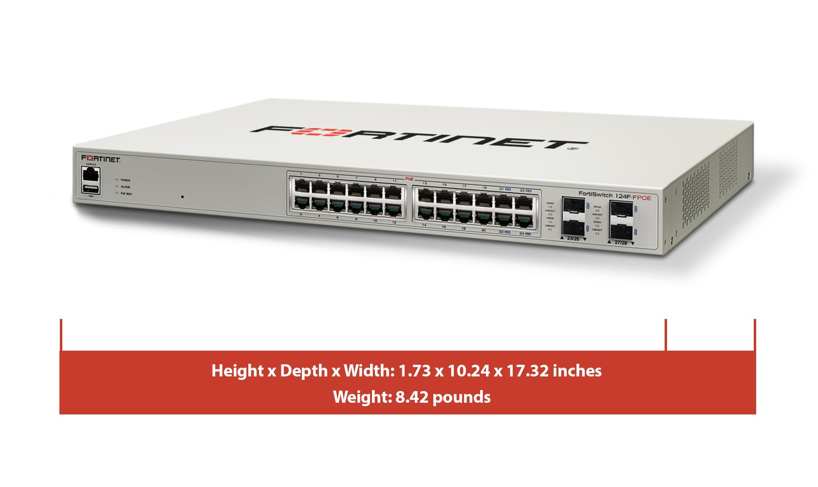 FORTINET FortiSwitch 124F-FPOE - FS-124F-FPOE, L2+ Managed POE Switch with 24GE + 4SFP+, 24port POE. Rack Mountable
