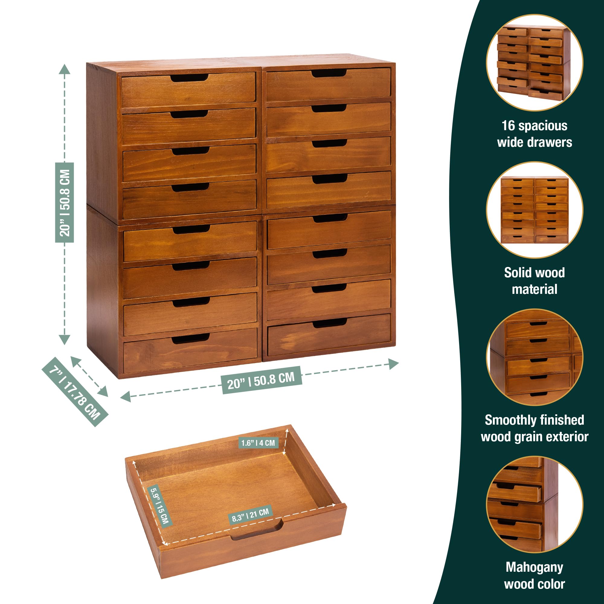 4-Pack 4 Drawer Desktop Storage Organizer in Modern Wood Design (20โx7โx 20โ) Stackable Drawers For School Office - Vanity Accessories Organizer - Countertop Organizer Drawer in Modern Mahogany Wood