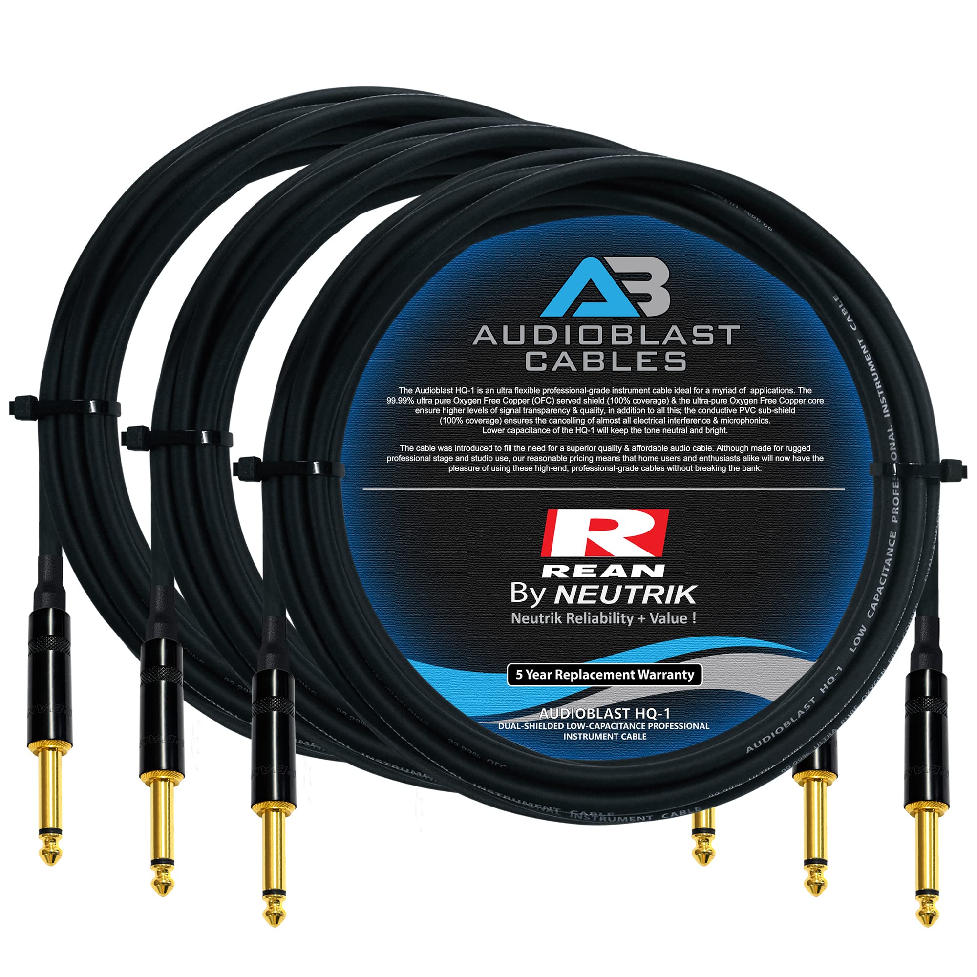 Audioblast - 3 Units - 12 Foot - HQ-1 - Ultra Flexible - Dual Shielded (100%) - Guitar Instrument Effects Pedal Patch Cable w/Neutrik-Rean NYS224BG Gold ¼ inch (6.35mm) TS Plugs & Triple Boots