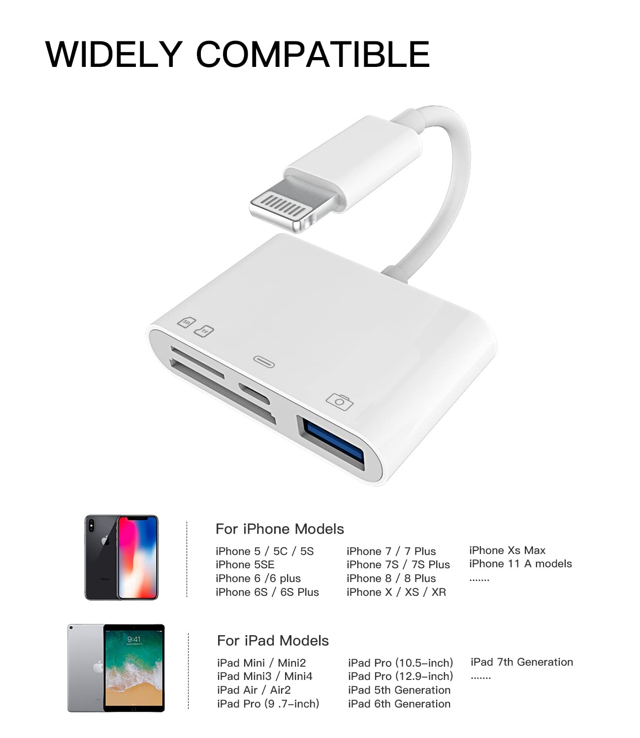 zoyuzan Camera Memory SD Card Reader Compatible for iPhone,Compatible with Lightning Male to USB Female OTG Adapter Micro TF Power Charging Splitter Charger Connector for ipad 12 11 xs xr x Camera