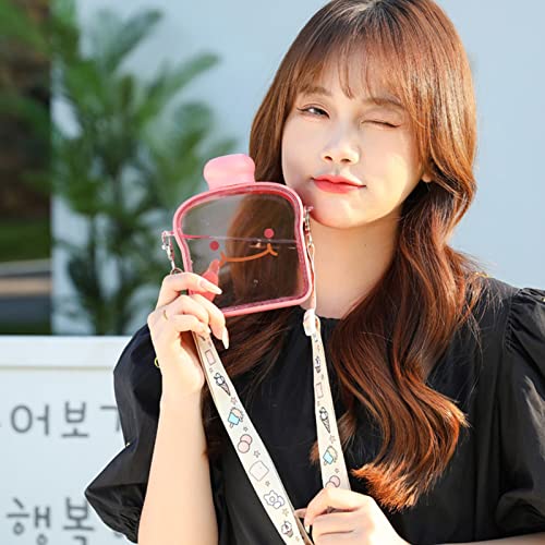 380ml Bread Design Water Bottle, Cute Expression Bread Design Mug Girls Summer Portable Leak-proof Plastic Cup with Strap Pink 380ml